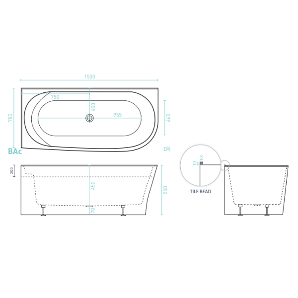 Decina Natalia 1500 Back-to-Corner Freestanding Bath (Right) - NA1500R