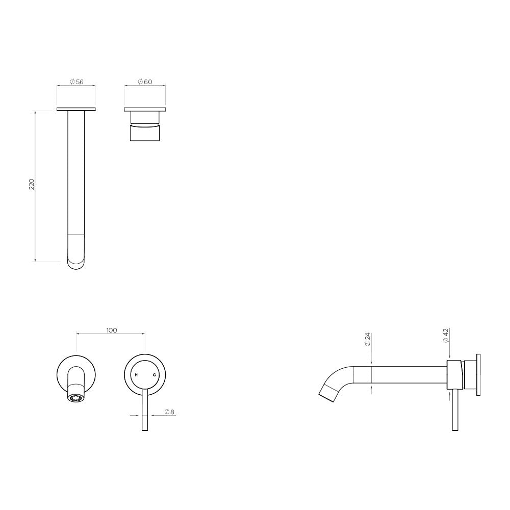 Arcisan Axus Pin Wall Basin/Bath Mixer 220mm Spout Includes In-Wall Bo ...