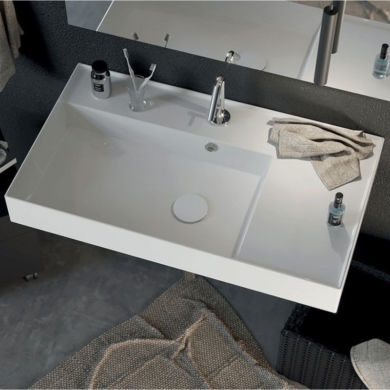 Parisi Twenty 80 Left Bowl Bench Basin - 3 Tap Holes - Gloss White