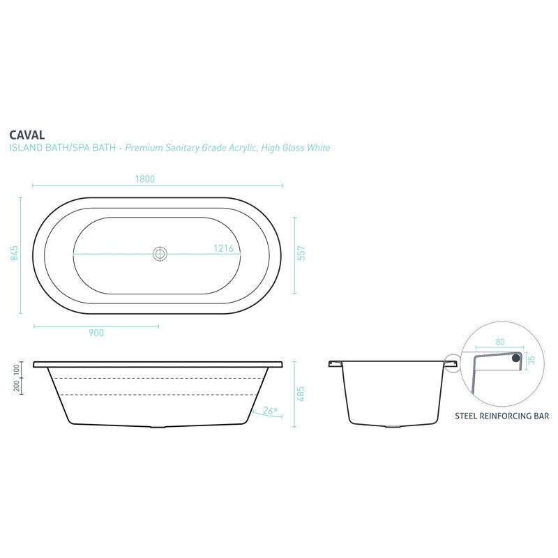 Decina Caval 1800mm Acrylic Island Bath - Gloss White