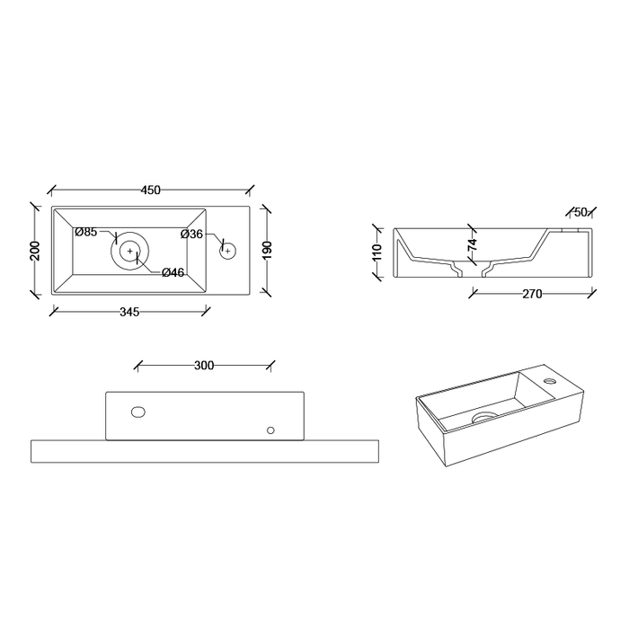 Buy Studio Bagno Spy 45 Bench-Wall Basin - 1 Tap Hole - Gloss White ...