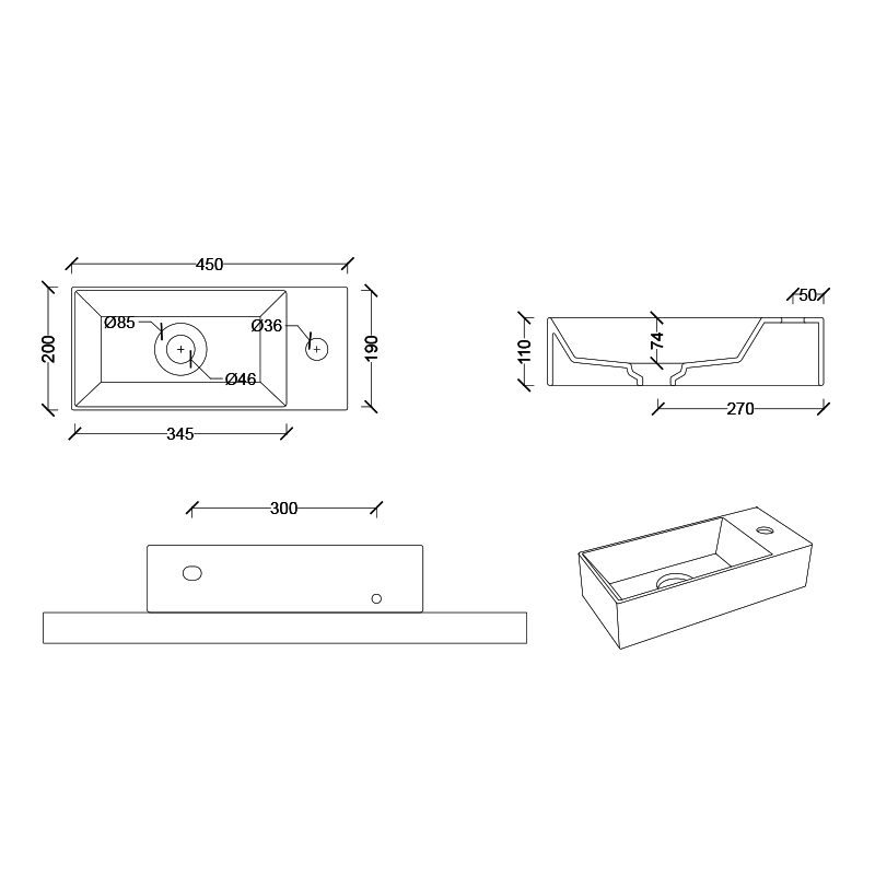 Studio Bagno Spy 45 Bench-Wall Basin - 1 Tap Hole - Gloss White