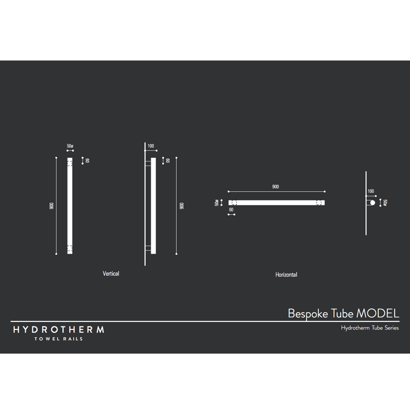 Hydrotherm Bespoke 900 Single Tube Heated Towel Rail - Brushed Nickel