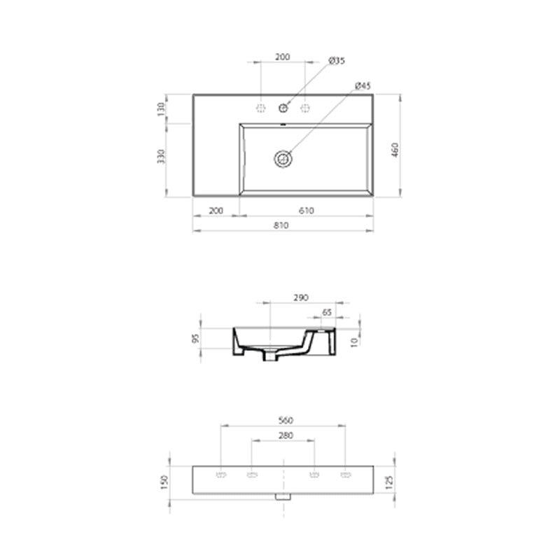 Parisi Twenty 80 Right Bowl Bench Basin - 3 Tap Holes - Gloss White